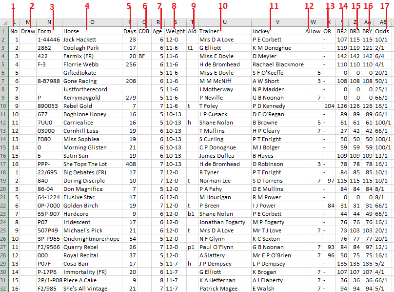 Daily Racecard CSV File - Free Racecards Ratings Form Results